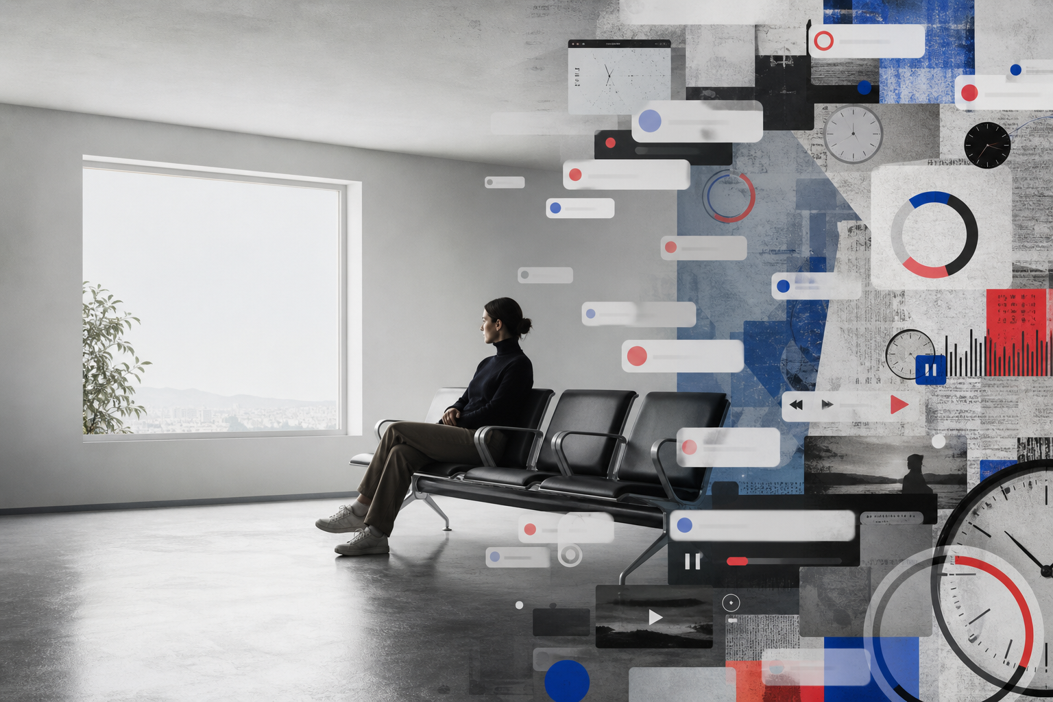 A waiting room remains quiet on one side while notifications, tasks, and clocks crowd in from the other