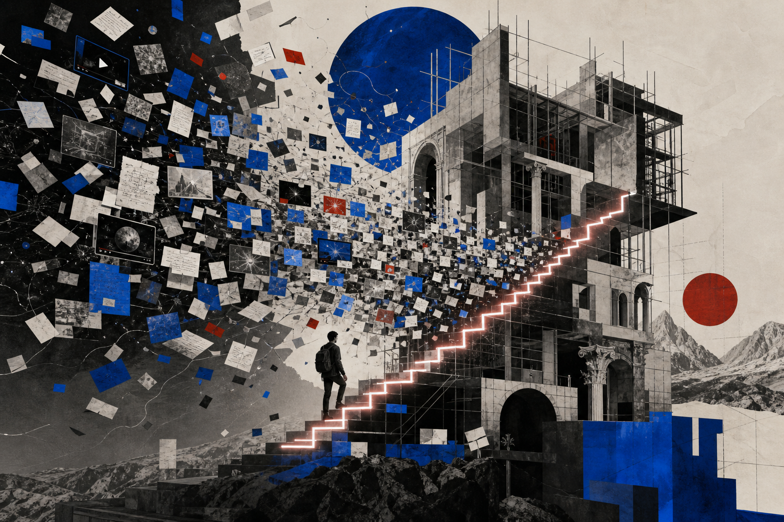 Fragments of information rush toward an unfinished structure, while only one continuous staircase forms a coherent path